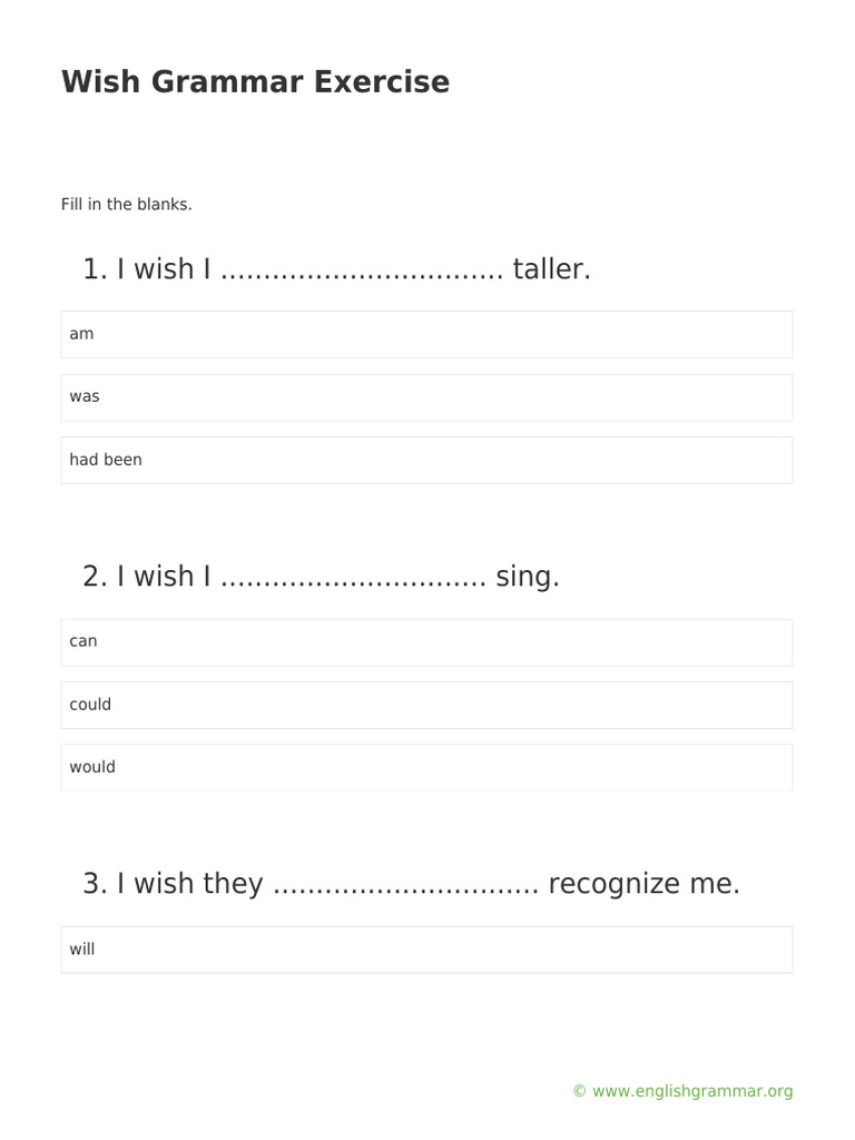 Wish Grammar Exercise | PDF Wish Grammar Exercise | PDF