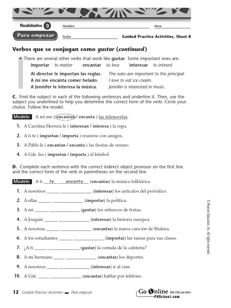 Ejercicios Gustar, Encantar y Otros Verbos | PDF | Artes del Lenguaje y ...