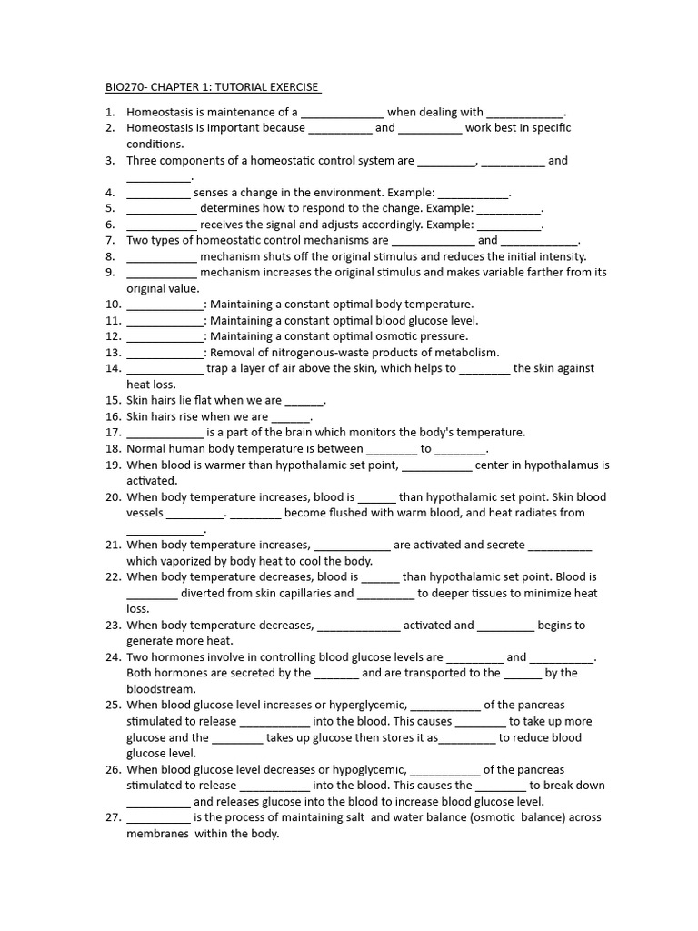Bio270 Chapter 1 Tutorial | PDF | Homeostasis | Excretion