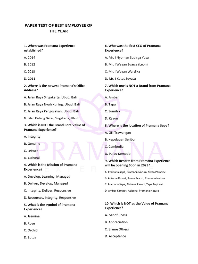 Paper Test of Best Employee of The Year | PDF