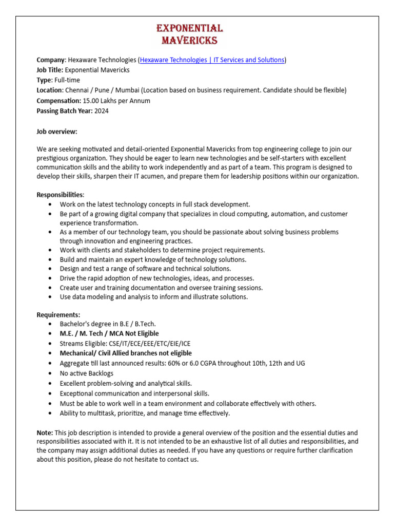 Exponential Mavericks Job Opening at Hexaware | PDF | Engineering ...