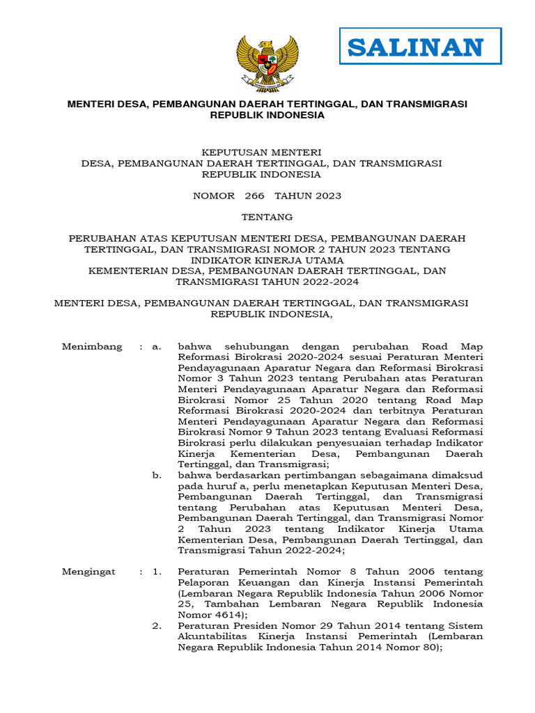 KepmenDesaPDTT Nomor 266 THN 2023 TTG Perubahan Atas KepmenDesaPDTT Nomor 2 THN 2023 TTG ...