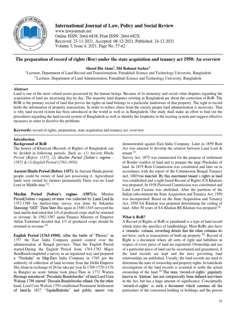 Alam-The Preparation of Record of Rights (Ror) Under The State ...