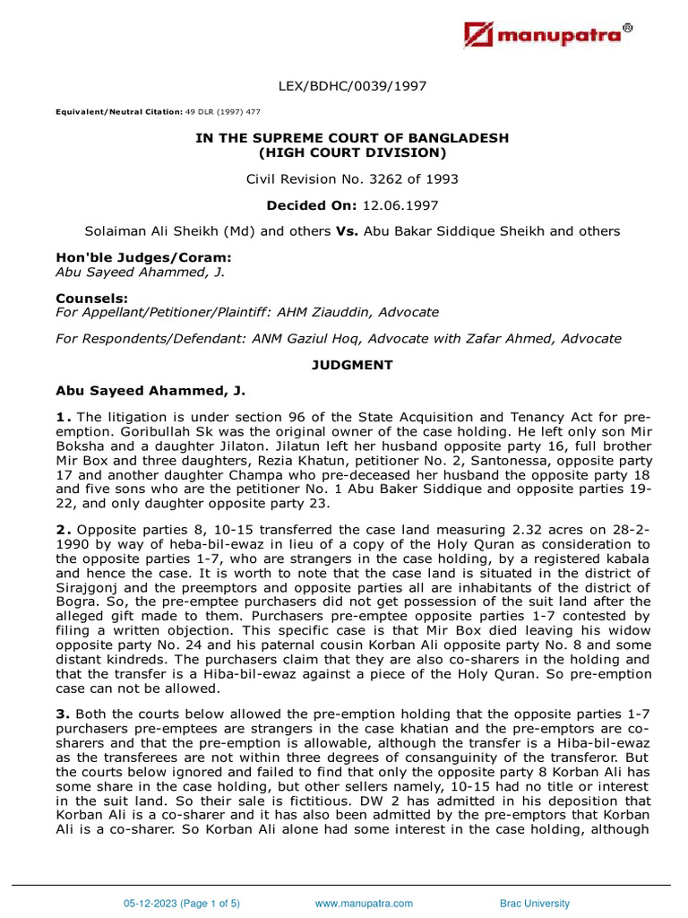 Solaiman Ali Sheikh MD and Others Vs Abu Bakar SidBDHC970039COM621998 ...