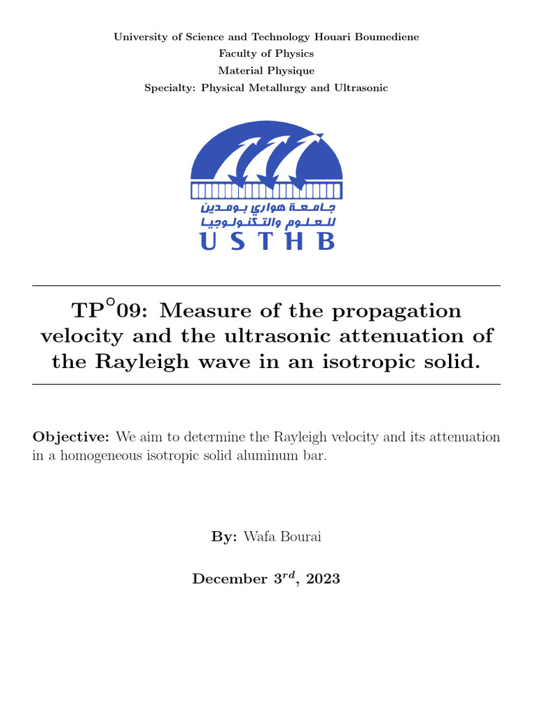 Measure of The Propagation Velocity and The Ultrasonic Attenuation of The Rayleigh Wave in An ...