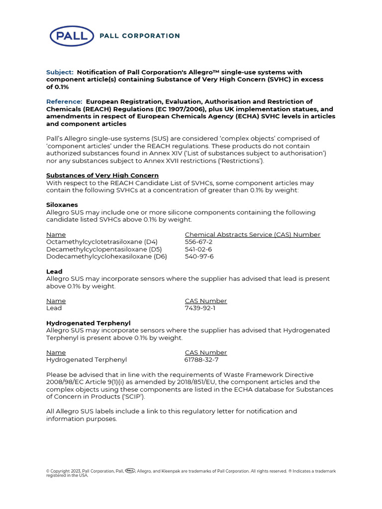 Biotech Allegro Single Use System Reach | PDF | Technology & Engineering