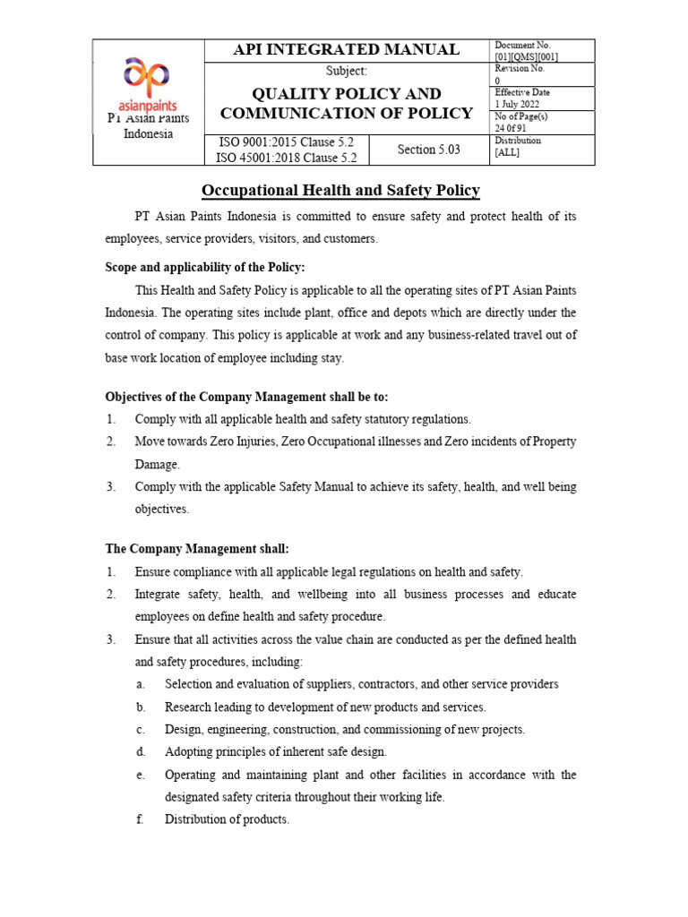 PT API OHS Policy | Download Free PDF | Occupational Safety And Health ...