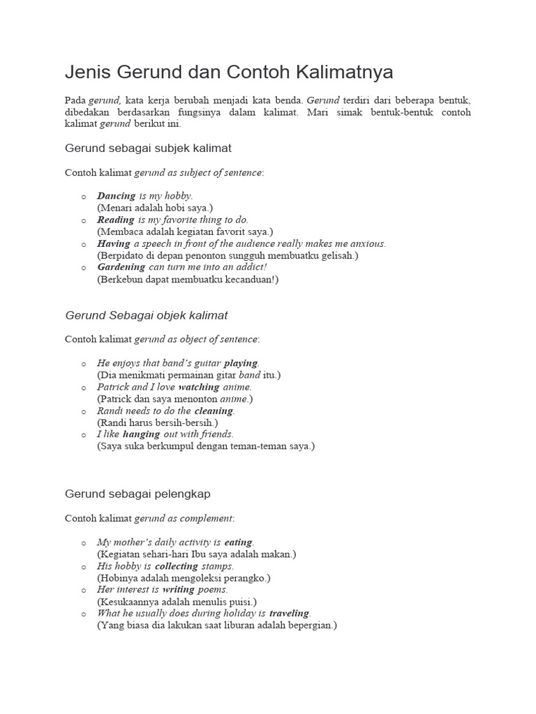 Jenis Gerund dan Contoh Kalimatnya | PDF