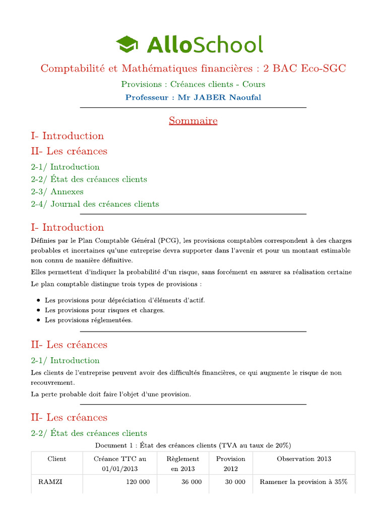 Provisions Creances Clients Cours | PDF
