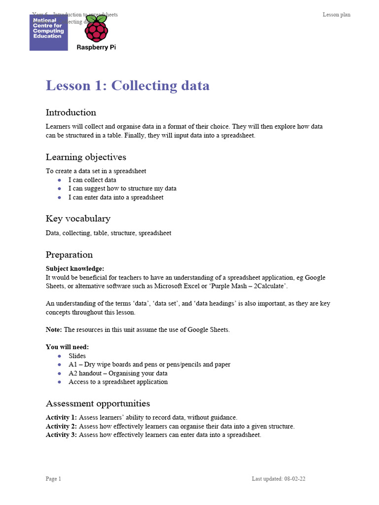 L1 Lesson Plan - Introduction To Spreadsheets - Y6 | PDF | Spreadsheet ...