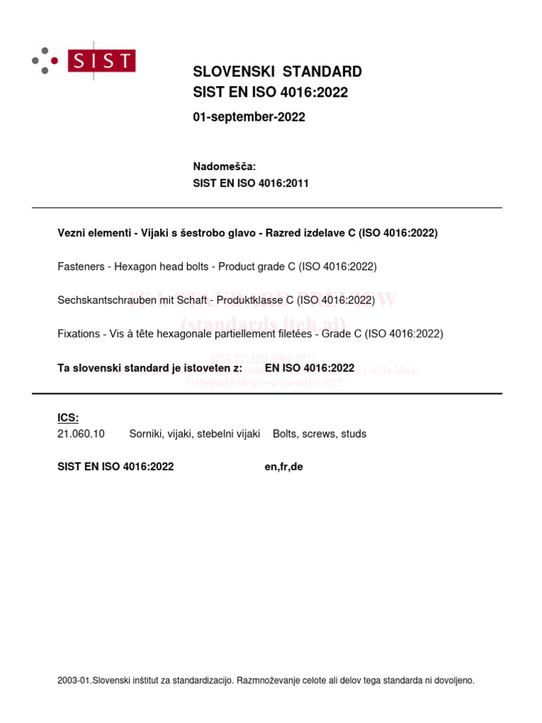 SIST-EN-ISO-4016-2022 | PDF | International Organization For Standardization | Screw