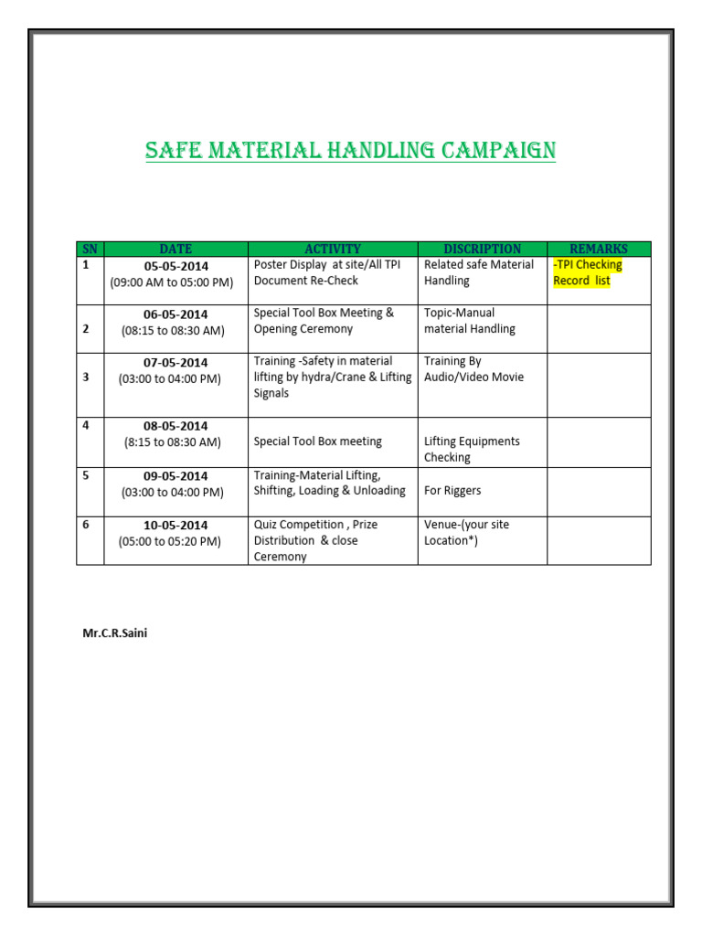 Safe Material Handling Campaign Events | PDF