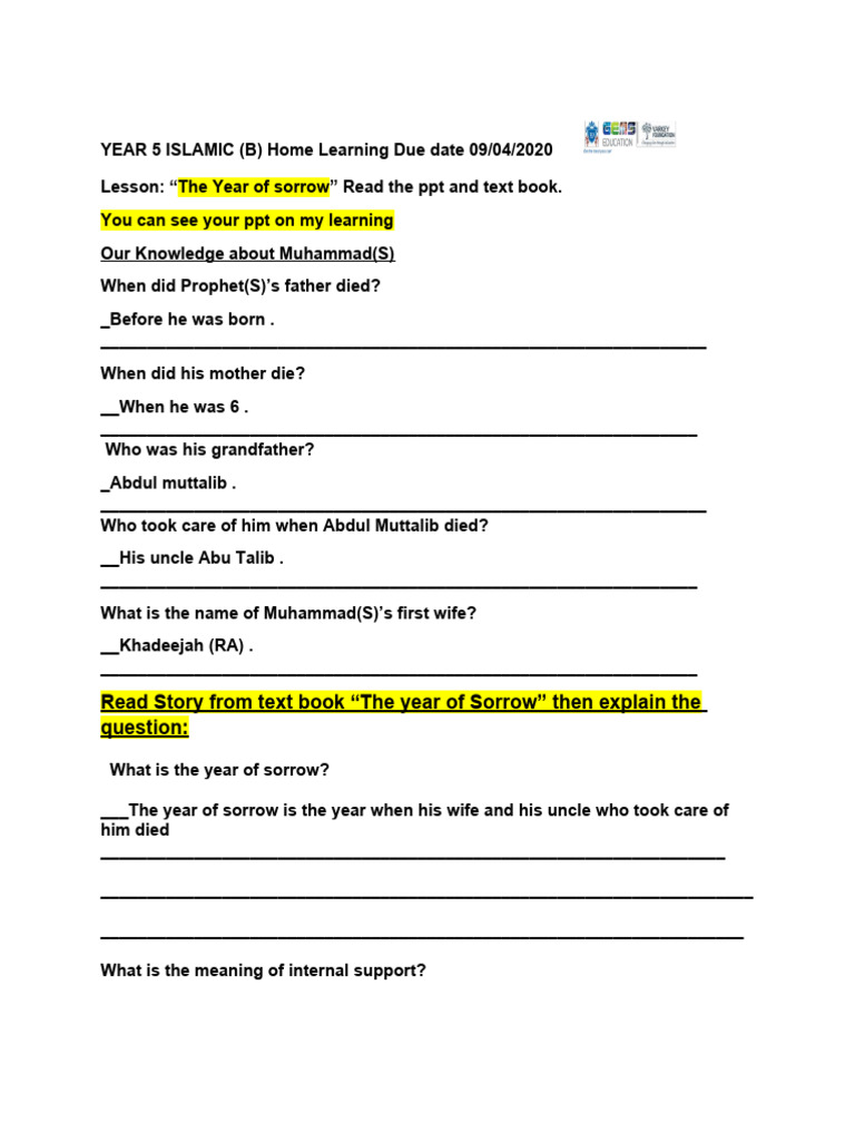 Year of Sorrow Work Sheet Part One | Download Free PDF | Muhammad ...