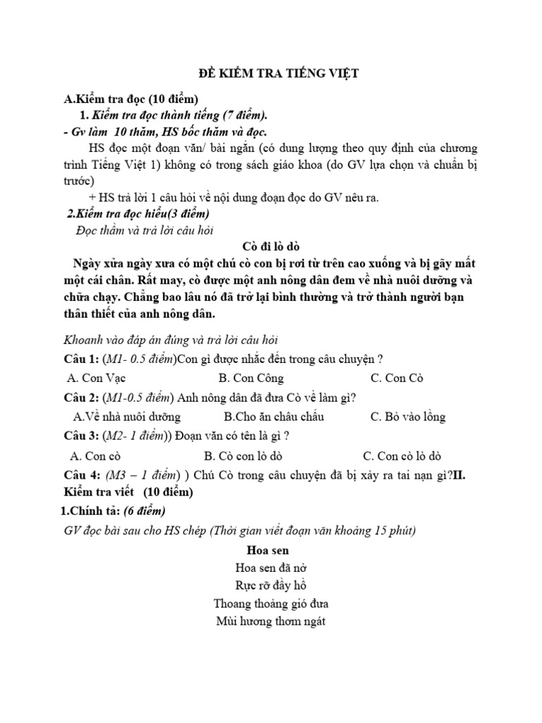 De Thi Hoc Ki 2 Tieng Viet Lop 1 | PDF