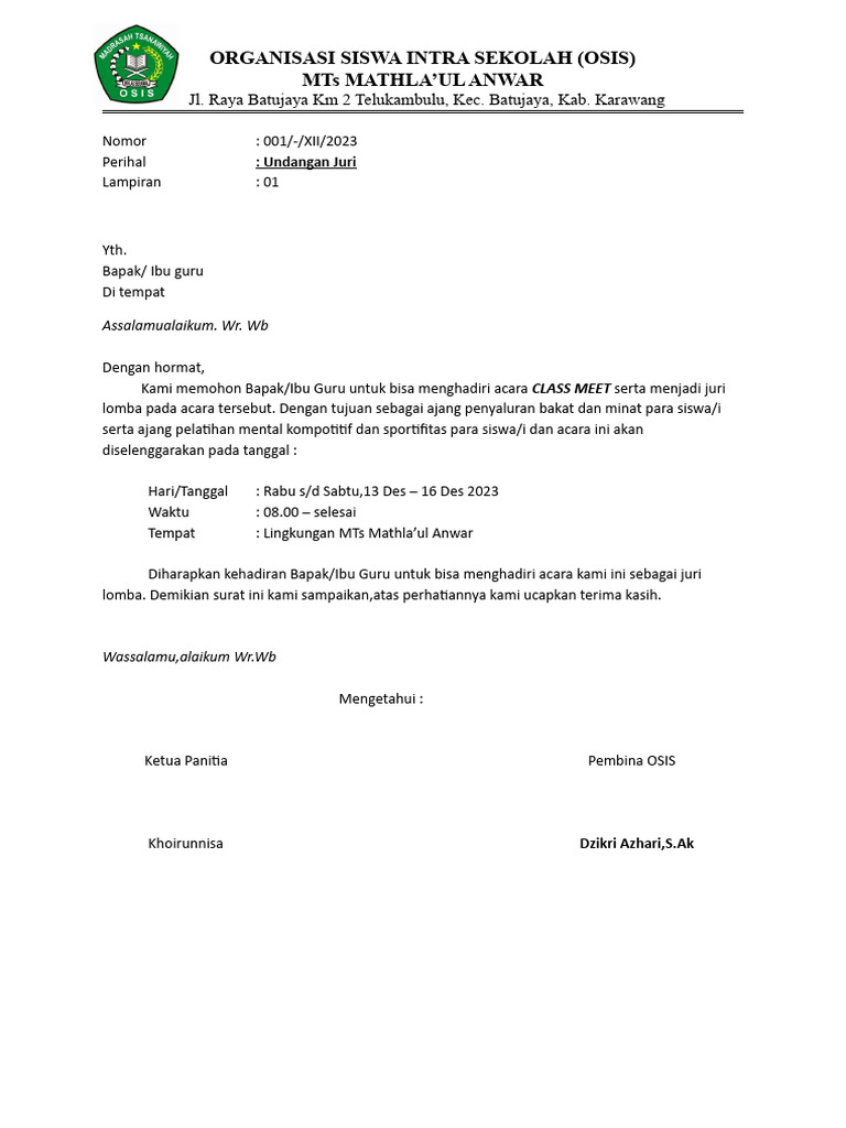 Undangan Juri LOmba Osis | PDF