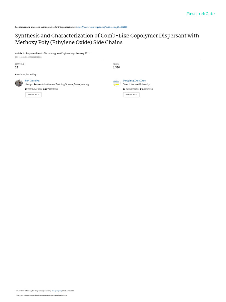 Synthesis And Characterization Of Comb Like Copolymer Dispersant With Methoxy Poly Ethylene