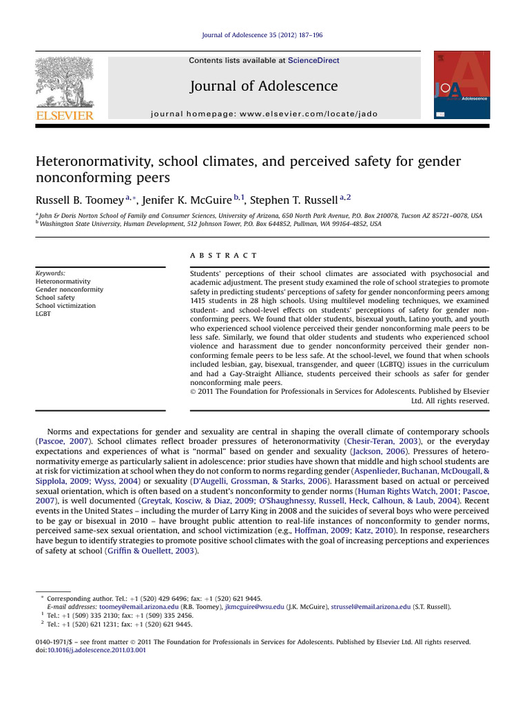 Heteronormativity School Climates and Perceived Safety For Gender ...