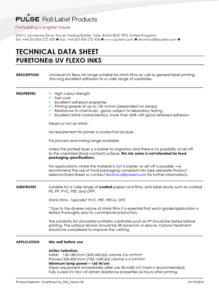 Puretone-Inktserie - Tds | PDF | Materials | Industrial Processes