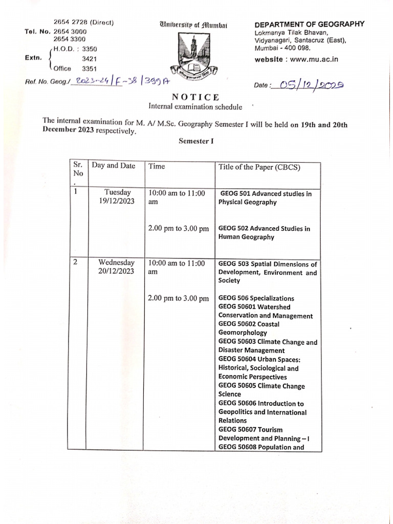 Internal Exam Time Table | PDF