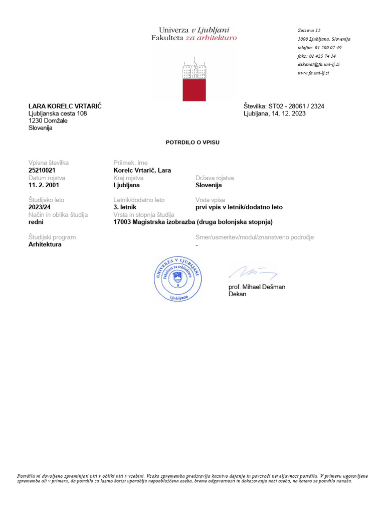 Potrdilo o Vpisu | PDF