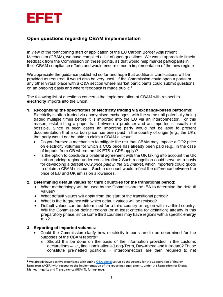 EFET CBAM Questions For Clarification | PDF | European Union | Business