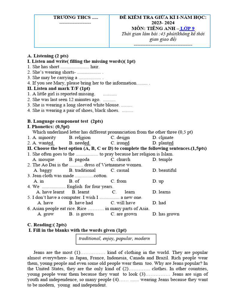 De Thi Giua Ki 1 Anh 9 De 2 Pdf Clothing Fashion