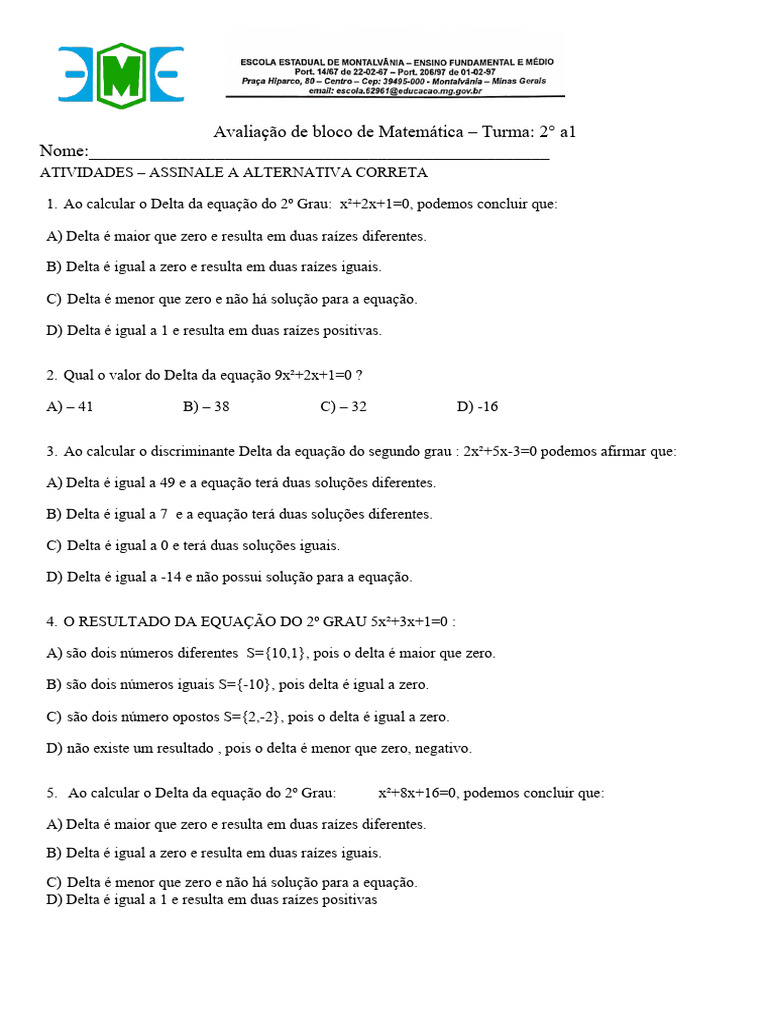Avaliação de Bloco 1anos | PDF | Equações | Equação quadrática