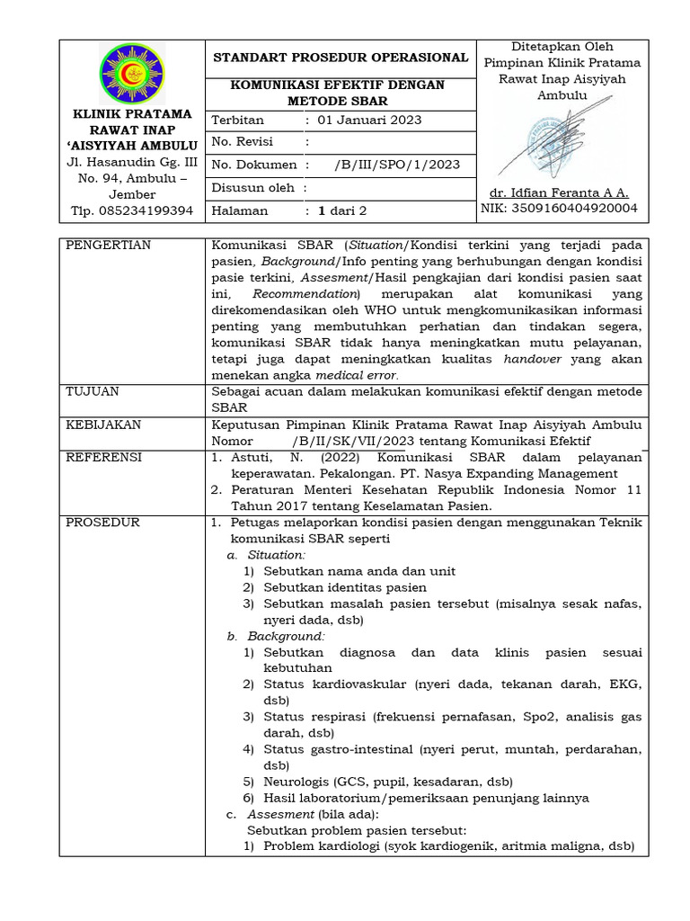 Sop Komunikasi Efektif Metode Sbar | PDF