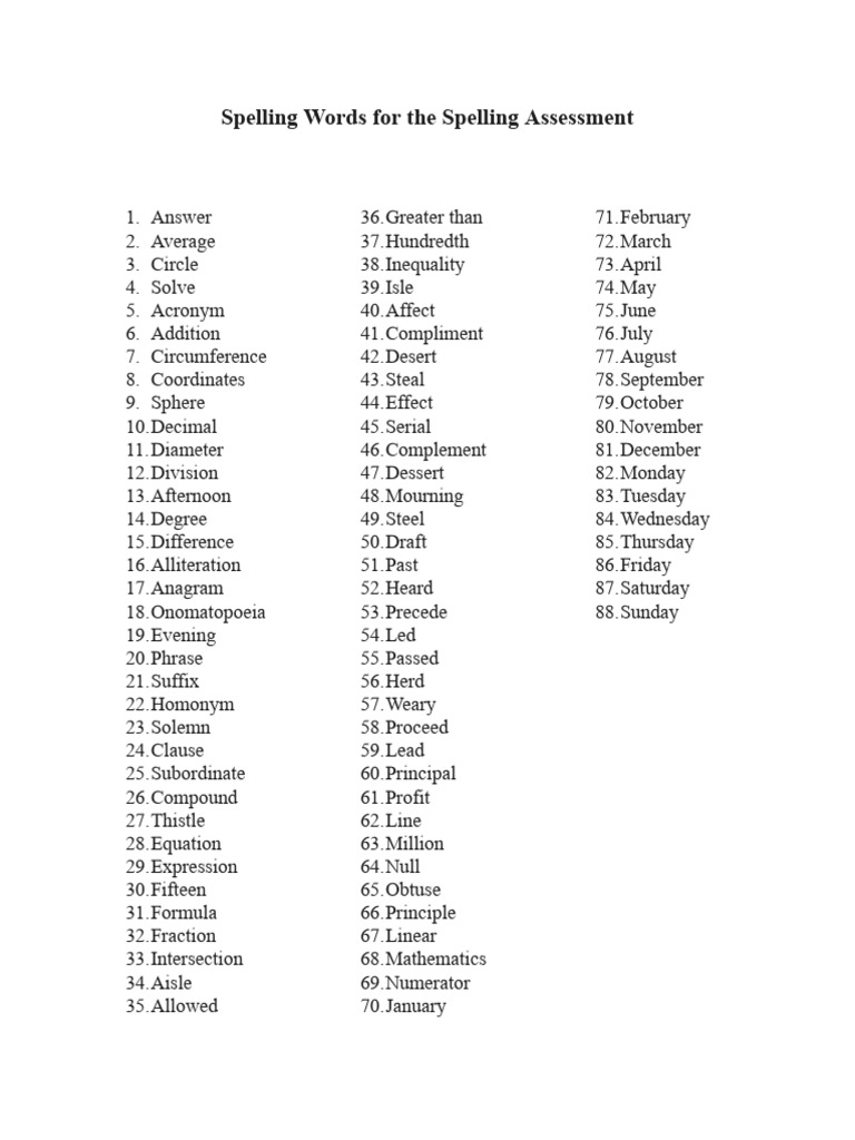 Spelling Words For The Spelling Assessment | PDF