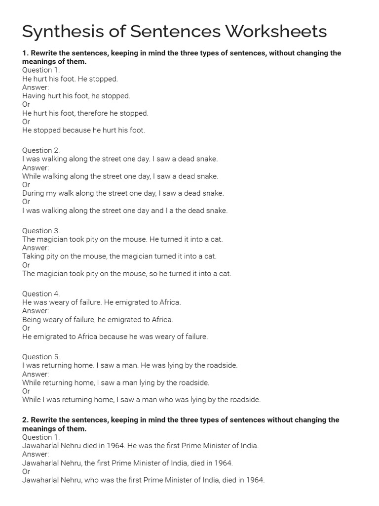 Synthesis of Sentences Worksheets | PDF | Jawaharlal Nehru