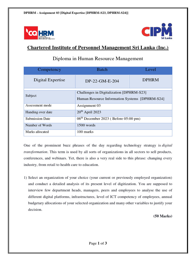 DPHRM - Assignment 03 (Digital Expertise (DPHRM-S23, DPHRM-S24) ) - DP-22-GM-E-204 | PDF | Human ...