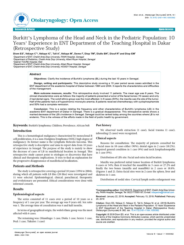 Burkitts Lymphoma of The Head and Neck in The Pediatric Population ...