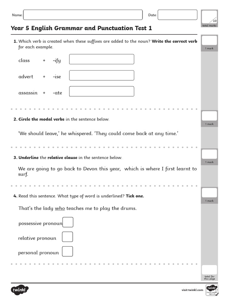 YEAR 5 TITLE - English Grammar and Punctuation Test 1 | PDF | English ...