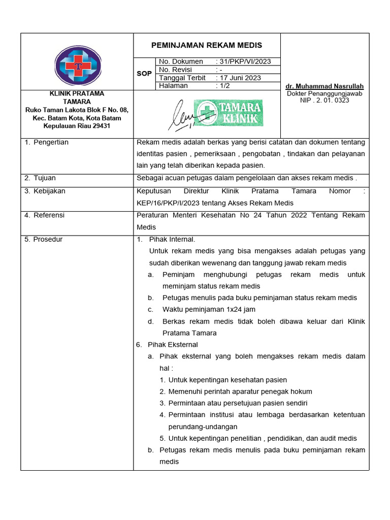 SOP Peminjaman Rekam Medis | PDF