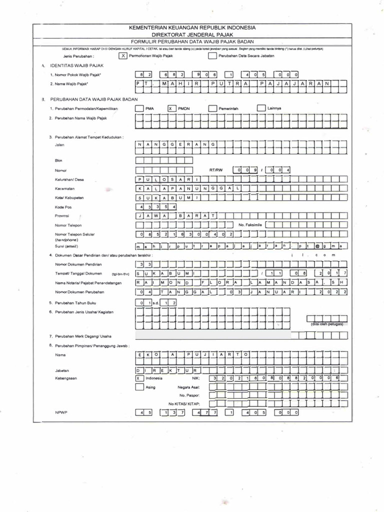 Formulir Perubahan Data WP Badan | PDF