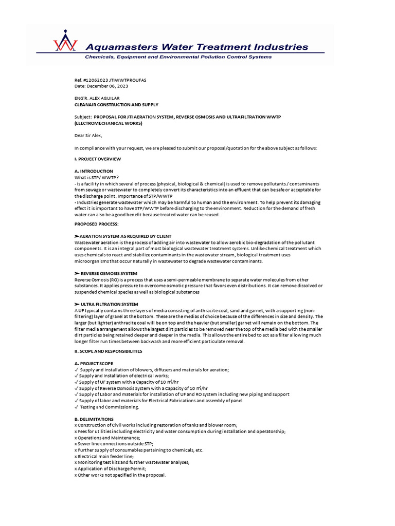 Jti Aeration System, Ro System & Uf System Proposal | PDF | Sewage ...