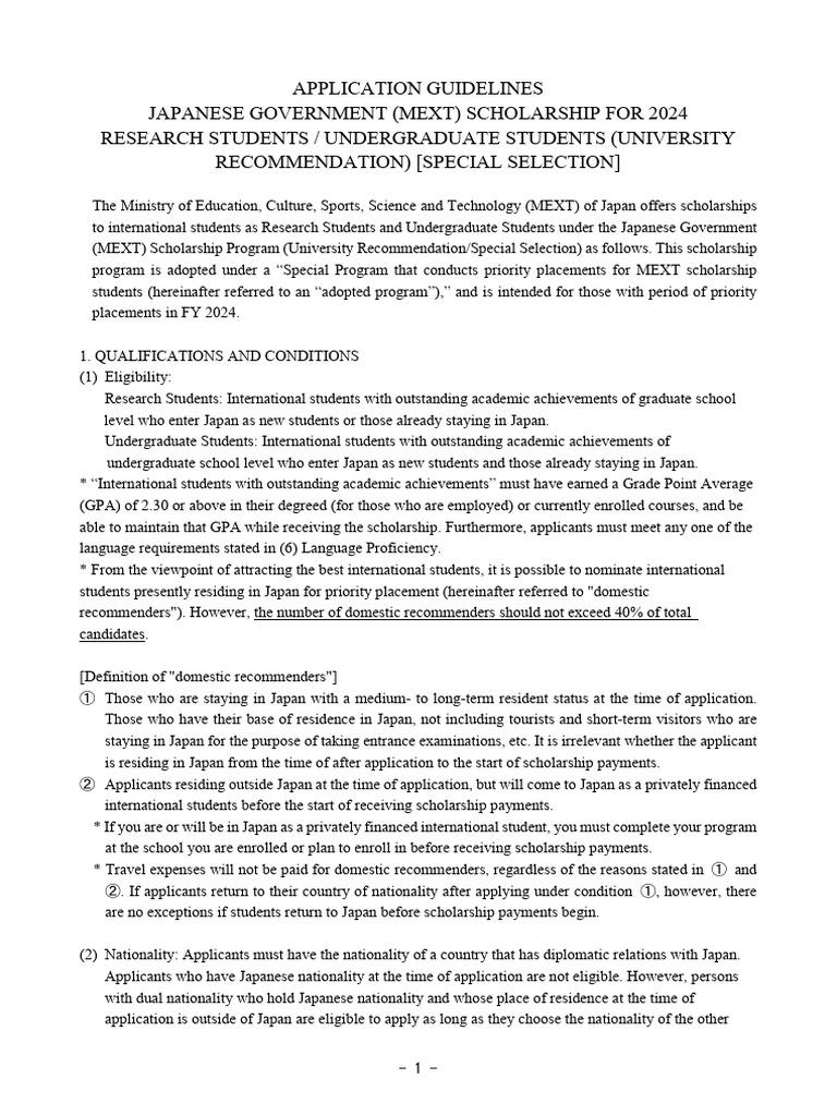 MEXT Scholarship Guide 2024 | PDF | University And College Admission | Travel Visa