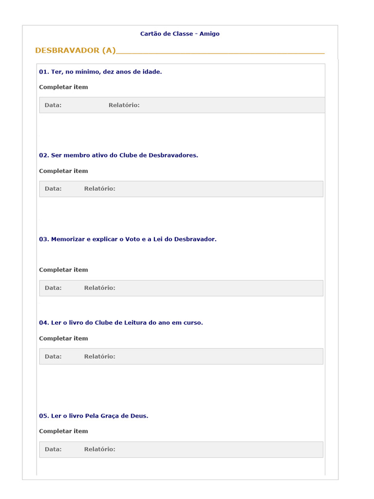 Cartão de Classe AMIGO | PDF