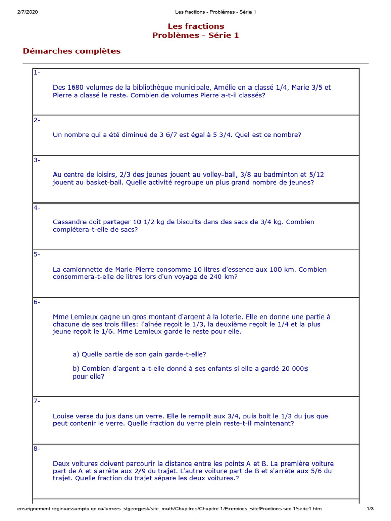 Problèmes de fractions - Série 1 | PDF