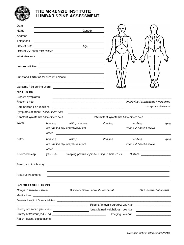 McKenzie Lumbar Spine Assessment Form | PDF | Medical Specialties ...