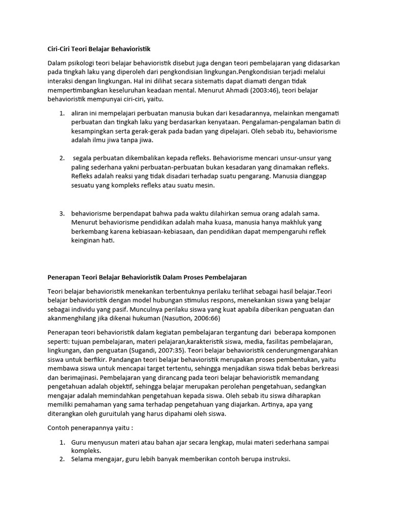 Ciri Dan Contoh Penerapan Teori Behavioristik | PDF