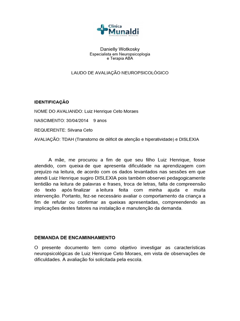 Laudo Dislexia | PDF | Neuropsicologia | Aprendizado