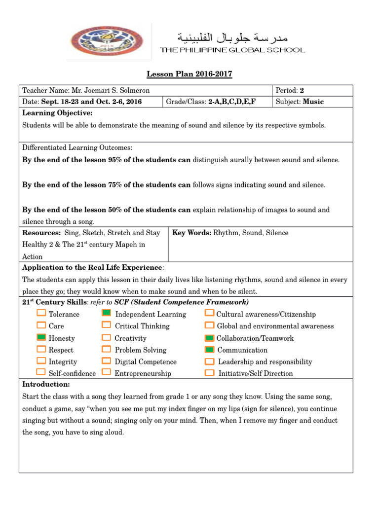 Music Lesson Plan For Grade 2 Rhythm Sound and Silence PDF Free | PDF | Rhythm | Learning