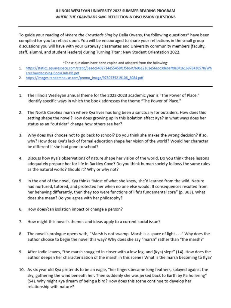 Crawdads Discussionquestions 2022 | PDF