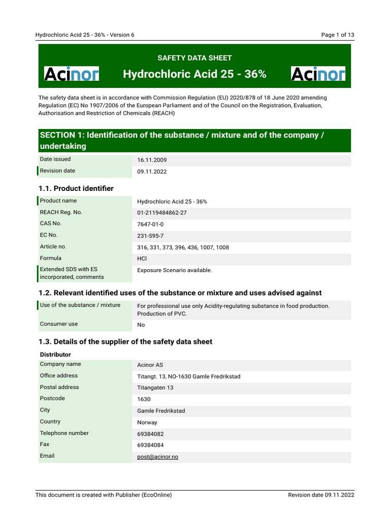 Hydrochloric Acid 25 - 36% MSDS Acinor | PDF | Dangerous Goods ...
