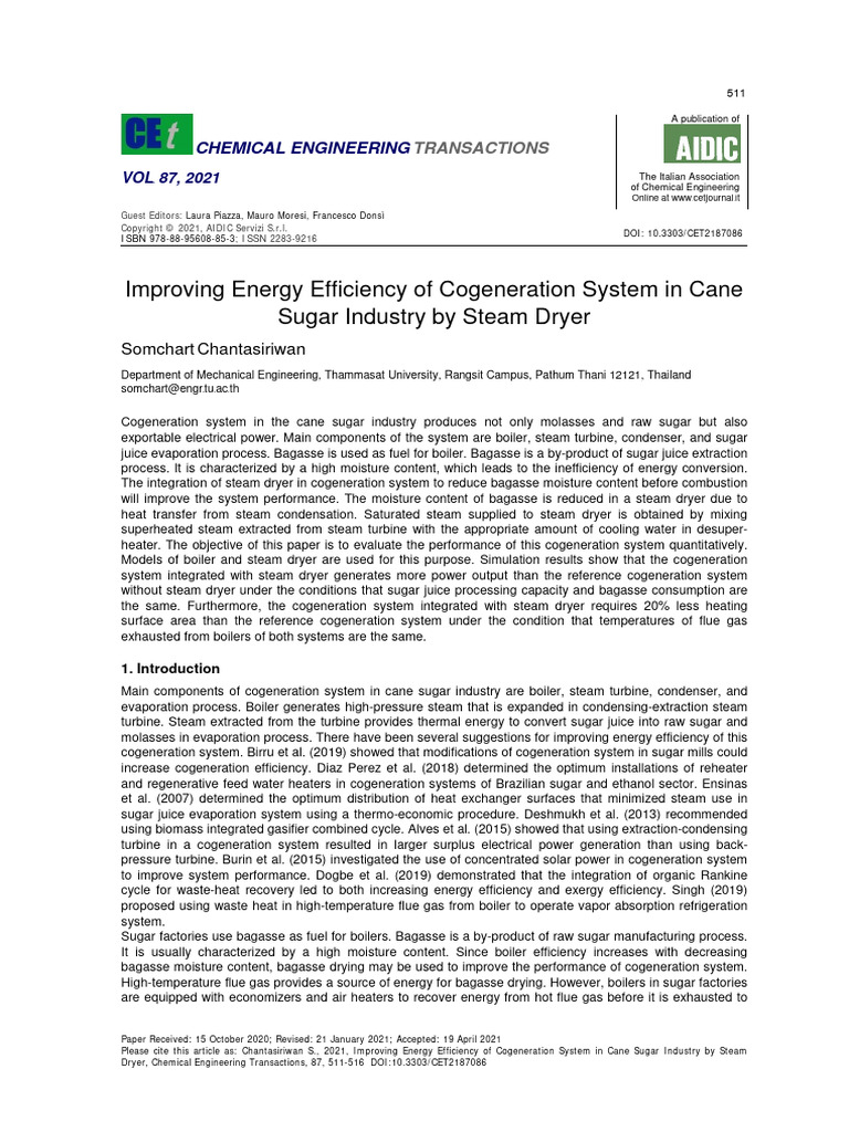 Improving Energy Efficiency of Cogeneration System in Cane Sugar ...
