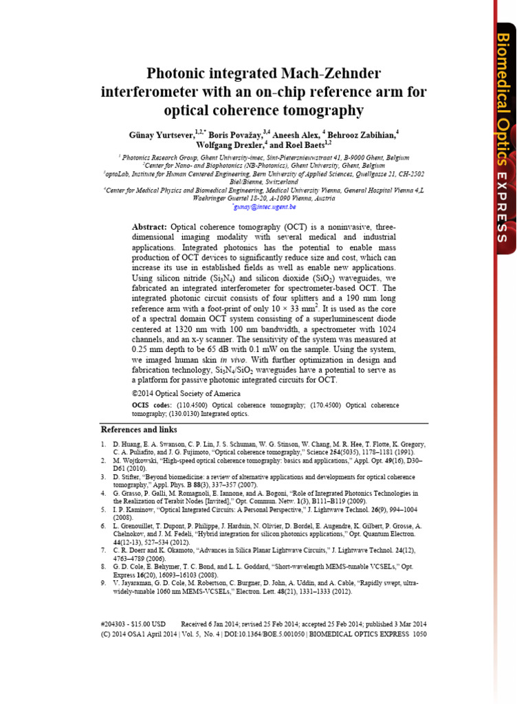 2014 - Gunay - BOE - Photonic Integrated Mach-Zehnder Interferometer With An On-Chip Reference ...