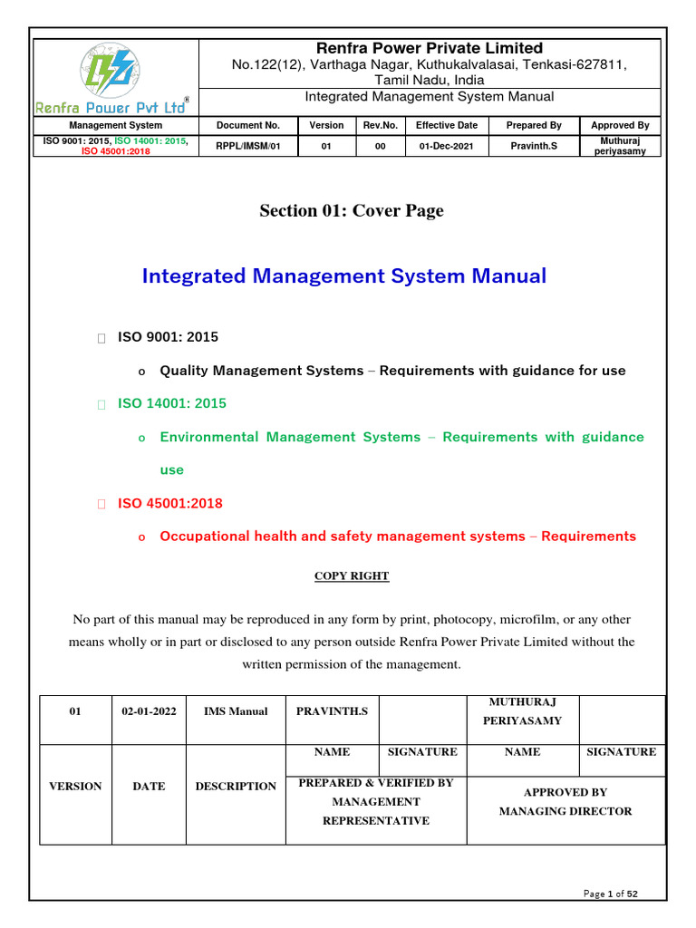 Final RPPLIMSM01 IMS Manaul Renfra | PDF | Risk | Occupational Safety ...