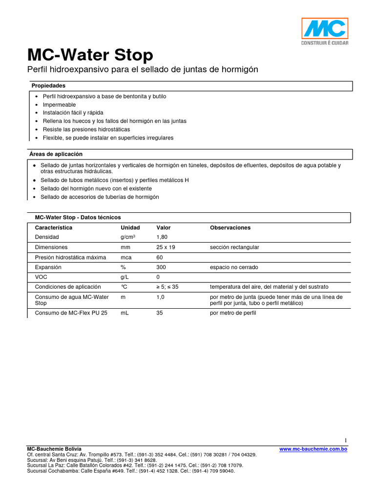 MC-Water Stop Bentonita | Descargar gratis PDF | Hormigón | Materiales