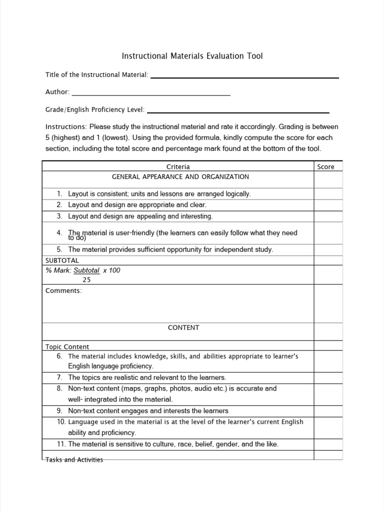 PDF Instructional Materials Evaluation Tool Final | PDF | Learning | Educational Assessment